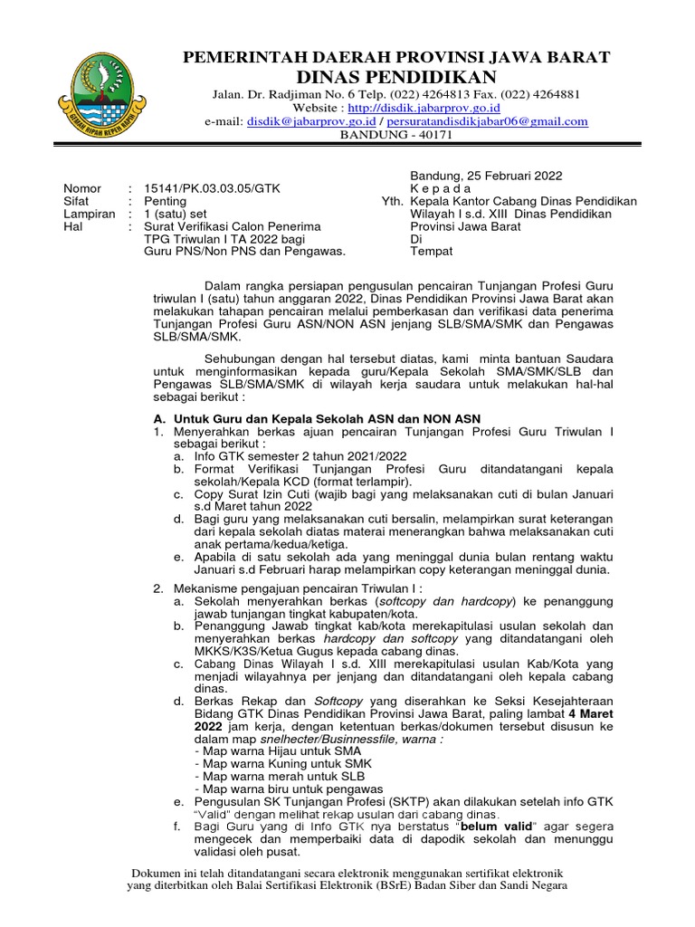 (TTE Kadisdik) (GTK) 1. SURAT PEMBERKASAN TPG TW 1 2022 - Sign - Sign - Sign | PDF