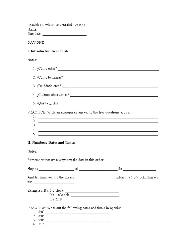 Spanish I Final Review Packet | PDF | Grammatical Gender | Grammatical ...