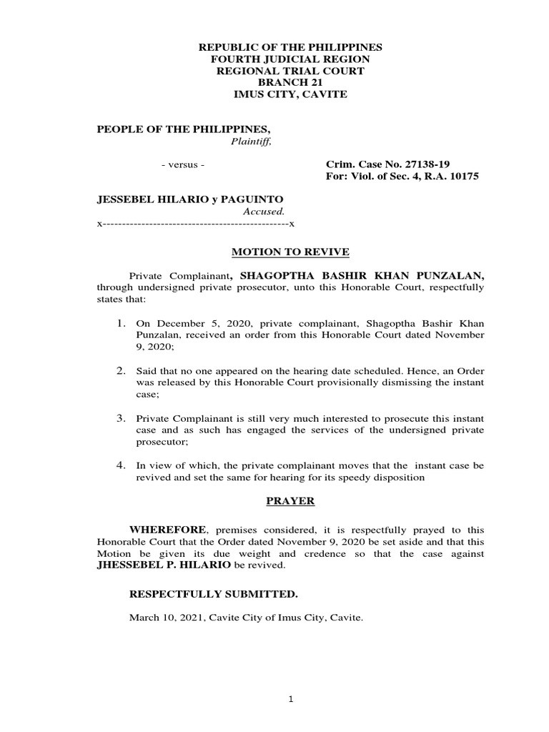 Motion To Revive Case - Shagoptha | PDF | Legal Procedure | Government ...