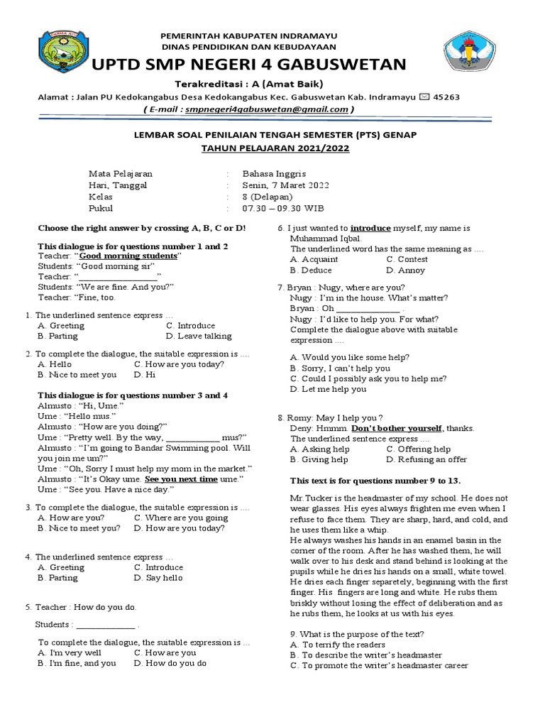 SOAL PTS Genap Bahasa Inggris Kelas 8 | PDF | Dogs | Domesticated Animals