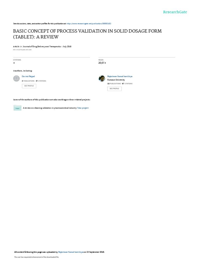 Basic Concept of Process Validation in Solid Dosage Form (Tablet) : A ...