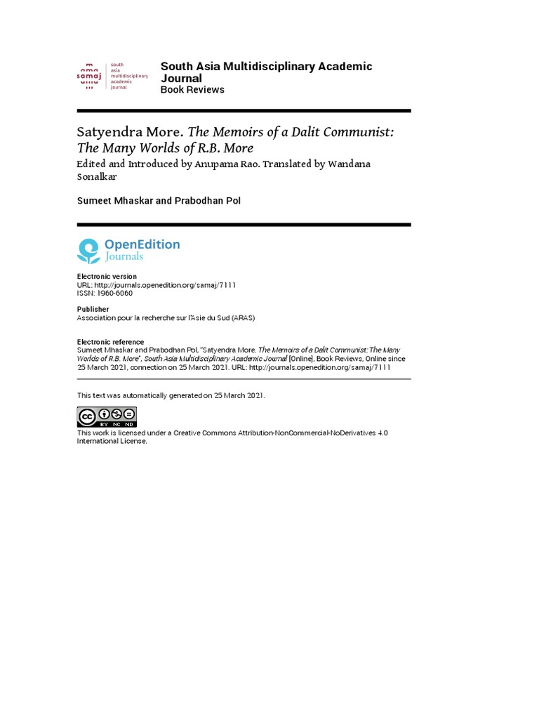 Satyendra More. The Memoirs of A Dalit Communist | PDF | Dalit | Communism