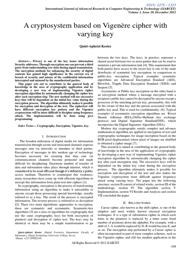 2006 A Cryptosystem Based On Vigenère Cipher With Varying Key | PDF | Cryptography | Encryption