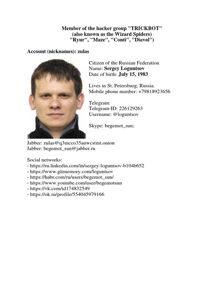 Member of The Hacker Group "TRICKBOT" (Also Known As The Wizard Spiders ...
