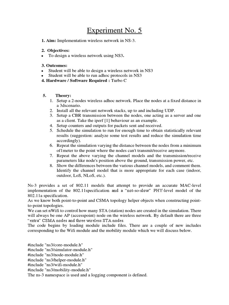 Experiment No. 5: 1. Aim: Implementation Wireless Network in NS-3. 2 ...