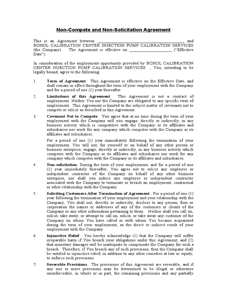 Non-Compete and Non-Solicitation Agreement | PDF | Breach Of Contract ...