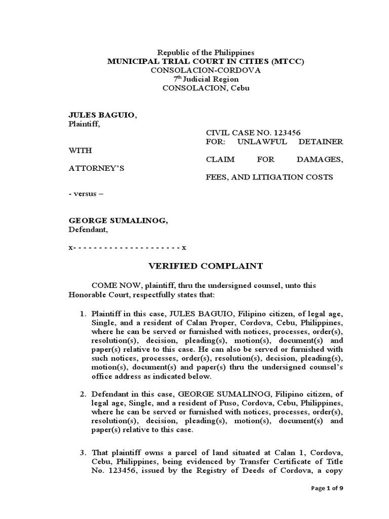 Municipal Trial Court in Cities (MTCC) : Verified Complaint | PDF ...
