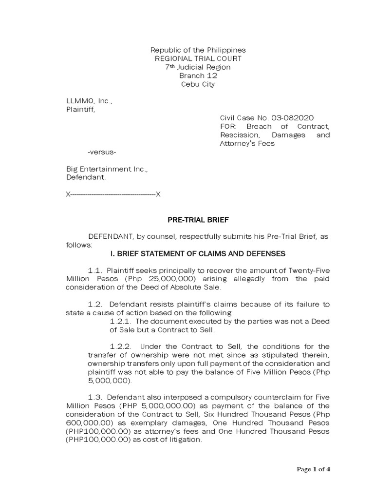 Pre Trial Brief of DEFENDANT | PDF | Lawsuit | Government