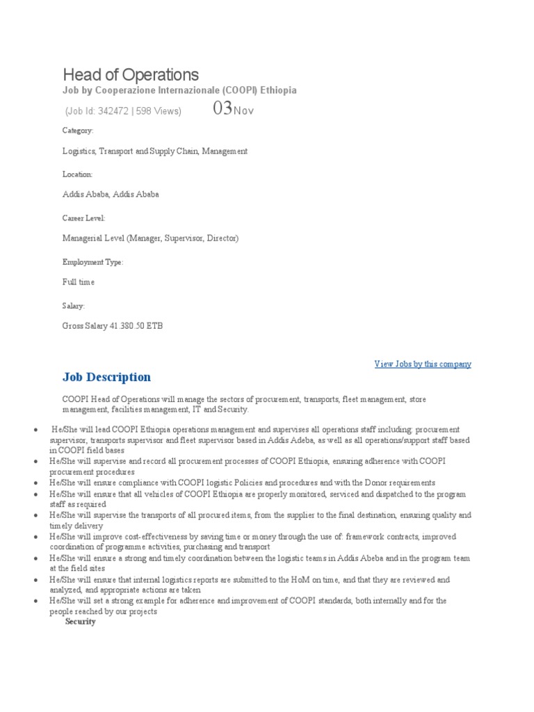 Head of Operations: Job Description | PDF | Logistics | Procurement