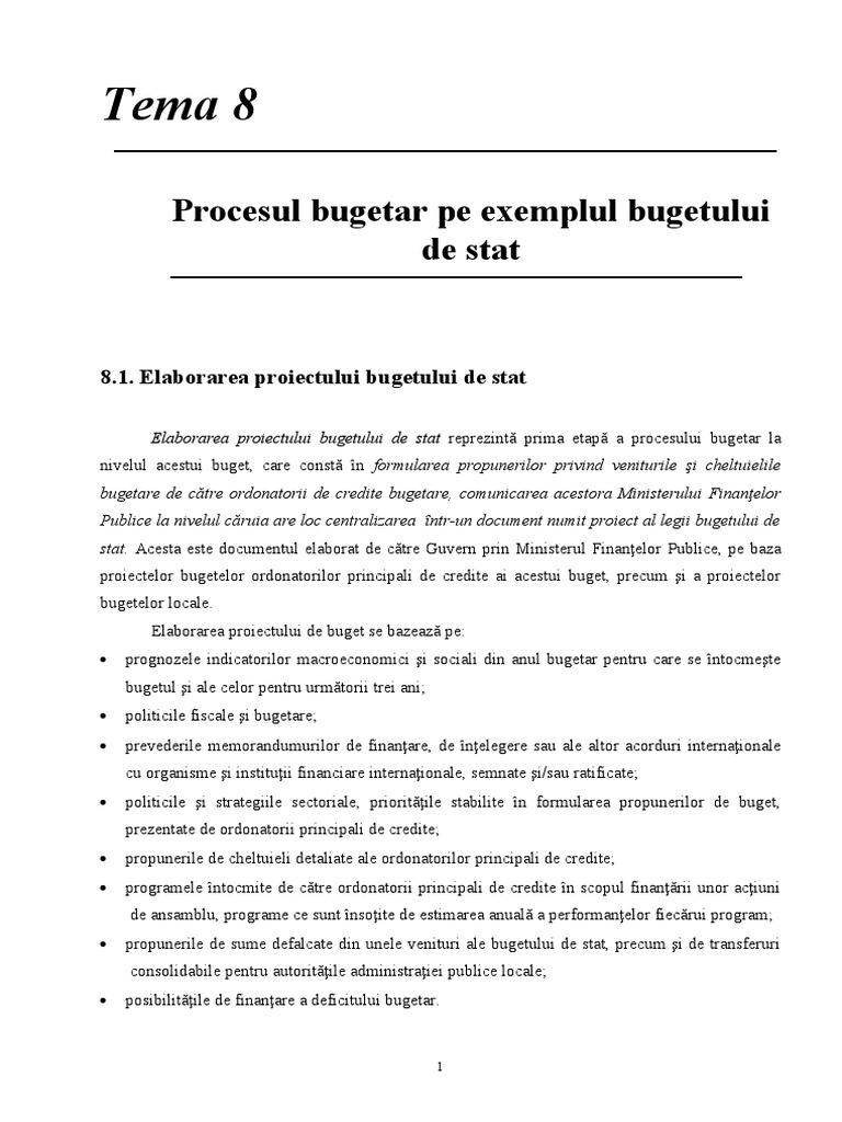 Tema 8: Procesul Bugetar Pe Exemplul Bugetului de Stat | PDF