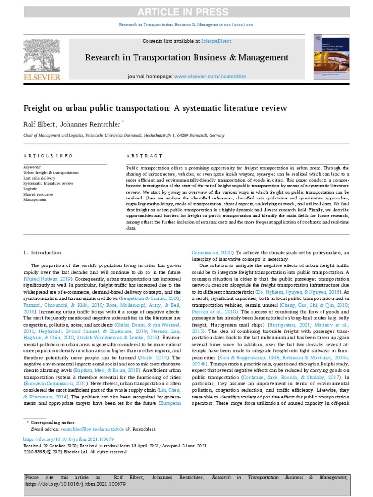 Freight On Urban Public Transportation A Systematic Literature Review ...