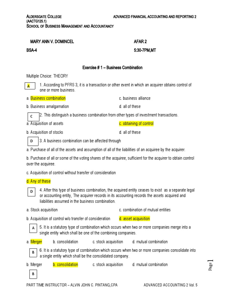 Exercise 1with Answer | PDF | Goodwill (Accounting) | Mergers And ...