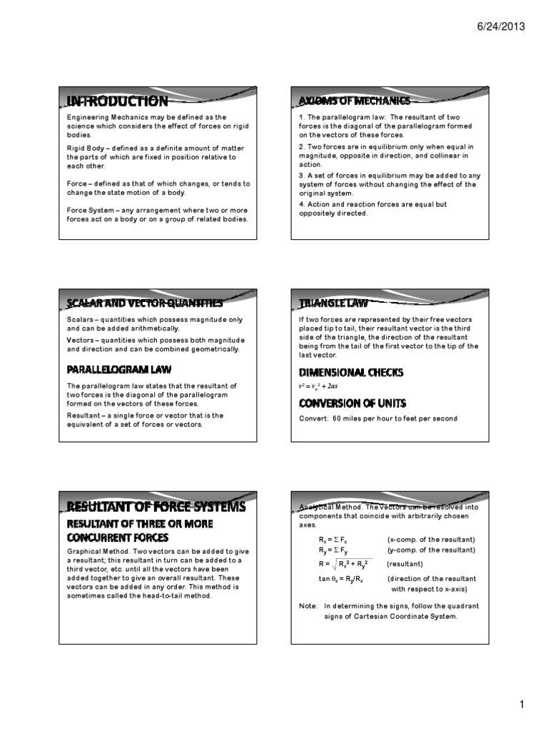 Lecture Statics Part 1 Resultant Of Force Systems Pdf Euclidean Vector Force