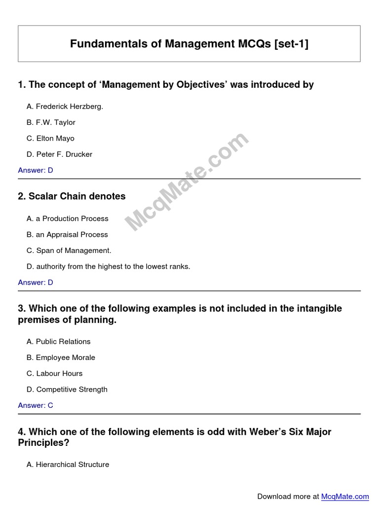 Fundamentals of Management MCQs Set-1 | PDF | Psychological Concepts ...