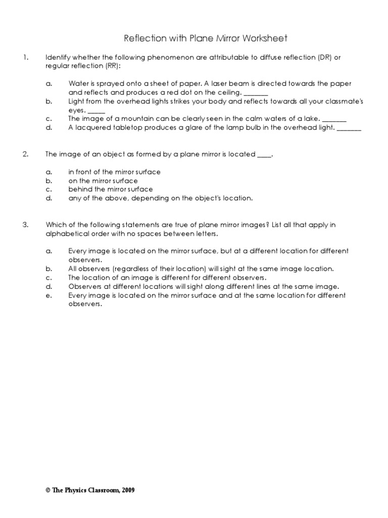 Reflection With Plane Mirror Worksheet | PDF | Mirror | Reflection ...