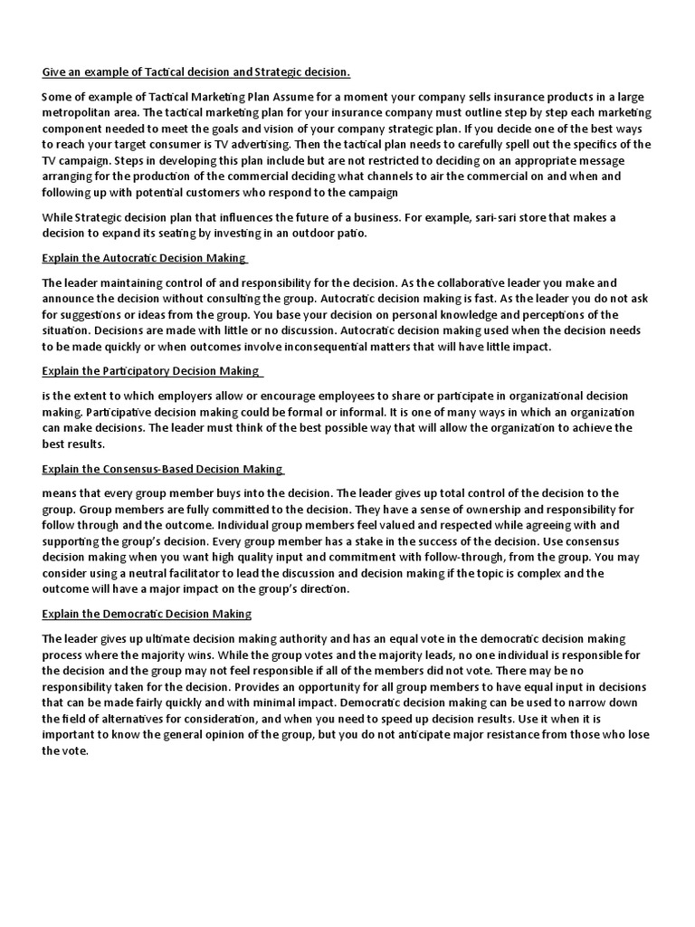 Tactical Decision-Making Examples | PDF | Decision Making | Marketing