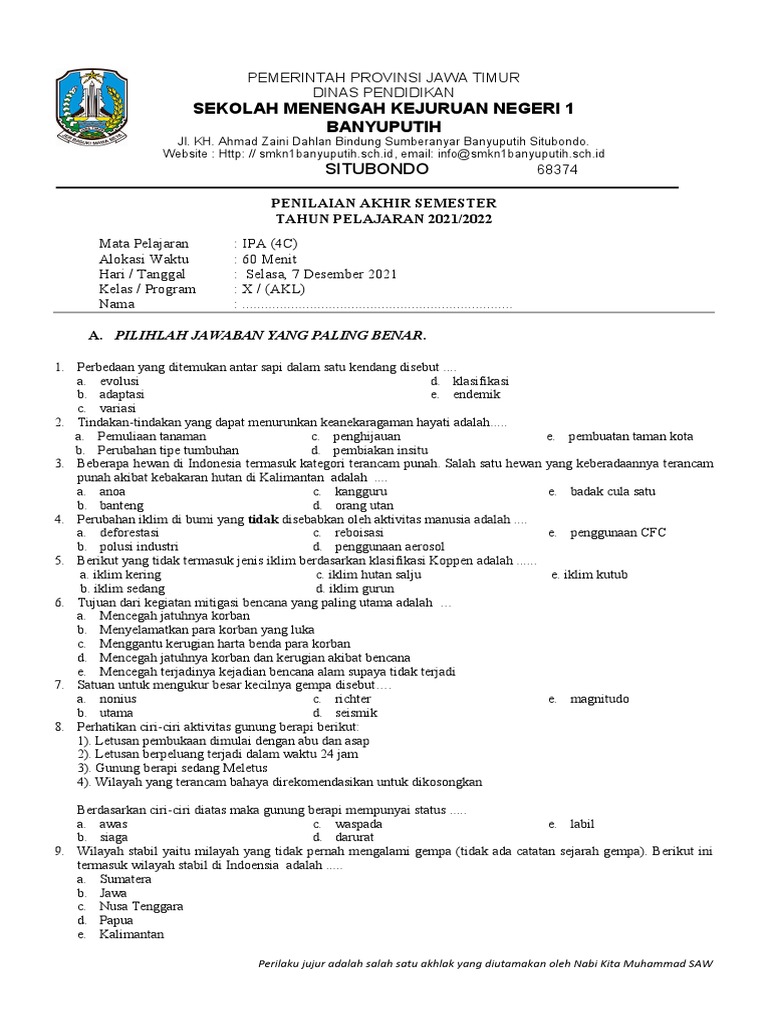 Soal Pas Ipa Kelas X Akl 2021 | PDF