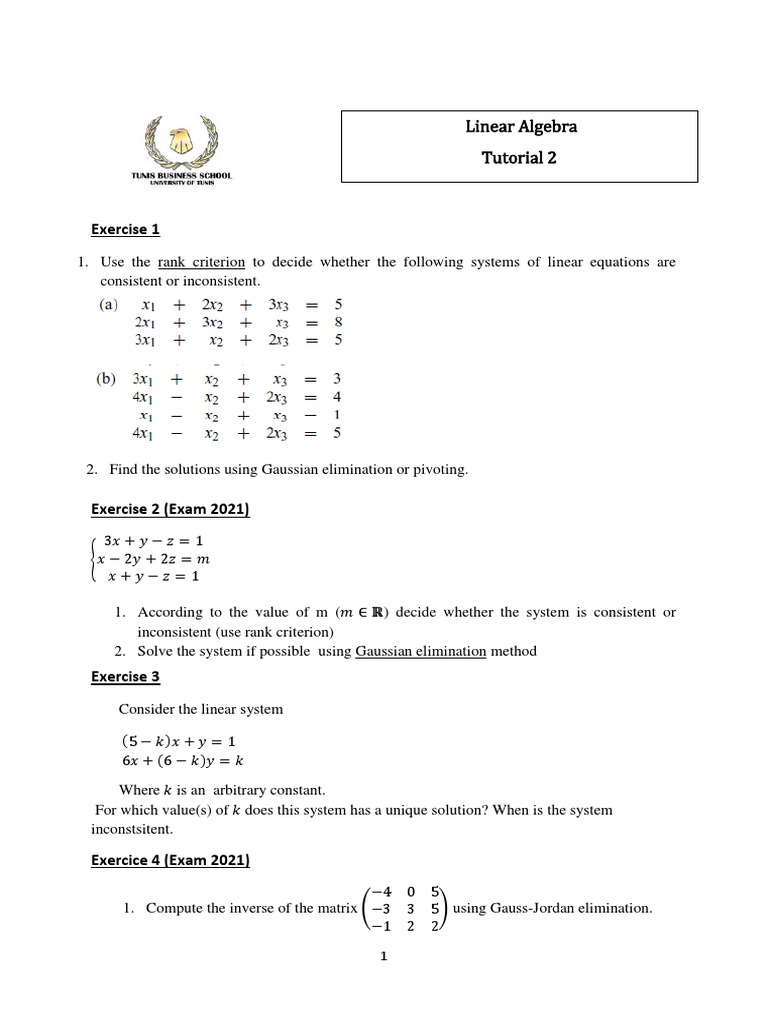 Exercise 1: Linear Algebra Tutorial 2 | PDF | System Of Linear Equations | Mathematical Objects