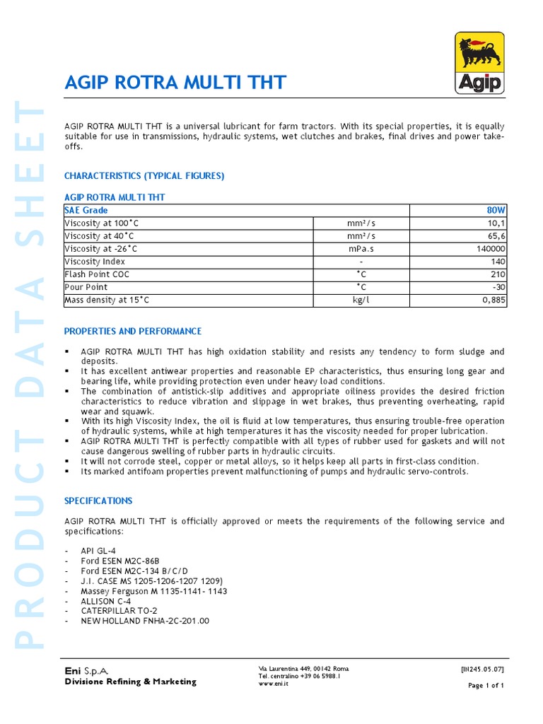 Characteristics (Typical Figures) Agip Rotra Multi THT SAE Grade 80W | PDF | Lubricant | Viscosity
