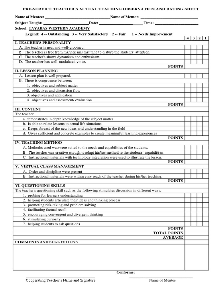 Pre-Service Teacher'S Actual Teaching Observation and Rating Sheet ...