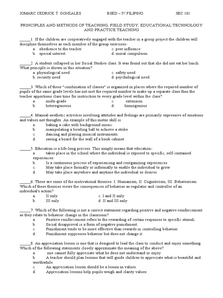 Jomarc Cedrick T. Gonzales Bsed - Iv Filipino SEC 101 | PDF | Teachers | Learning
