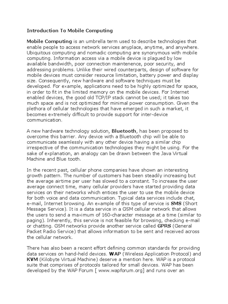 Introduction To Mobile Computing Mobile Computing Is An Umbrella Term Used To Describe ...