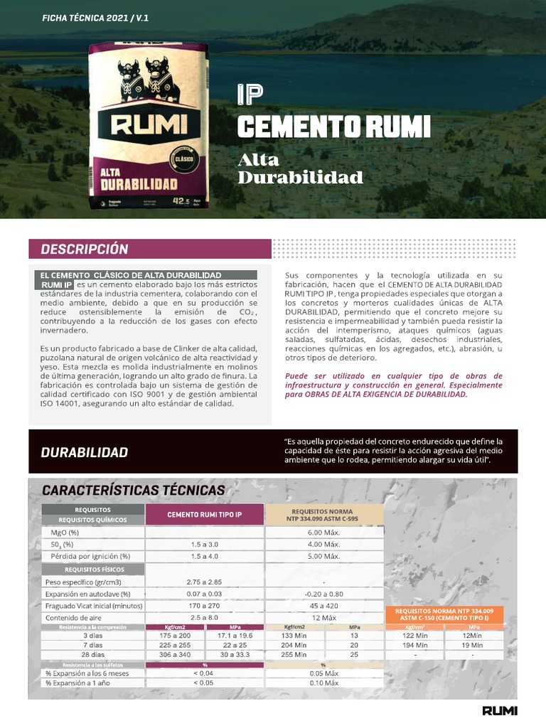Ficha Tecnica Cemento Rumi Ip | PDF