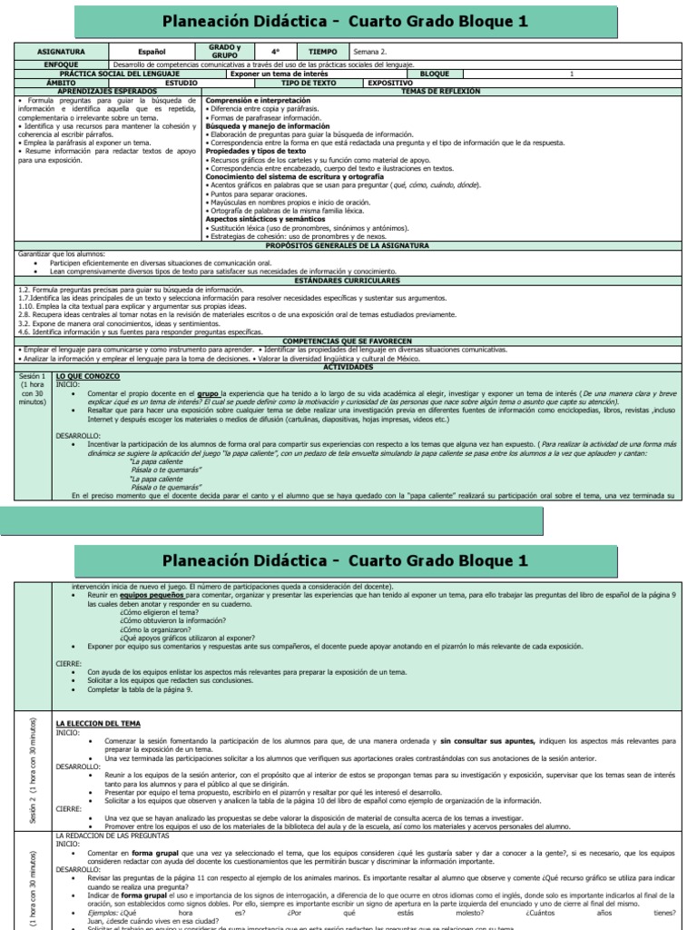 Planeación 4to Grado - Bloque 1 Español | PDF | Lengua española ...