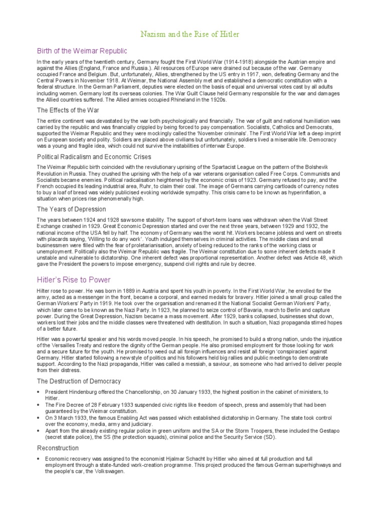 Notes Nazism and The Rise of Hitler | Download Free PDF | Weimar ...