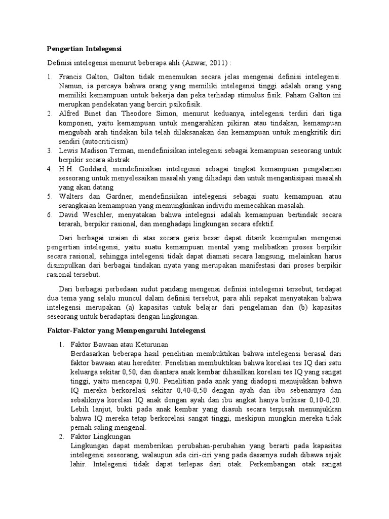 Pengertian Intelegensi Dan Multiple Intelegensi | PDF
