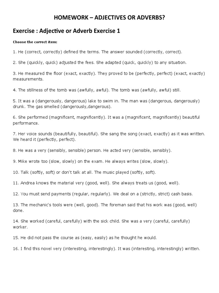 Adjectives and Adverbs Exercises | PDF | Adverb | Adjective