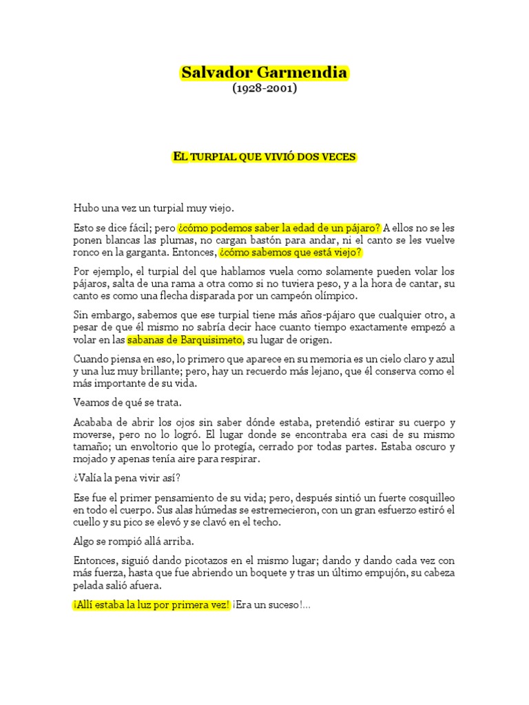 El Turpial Que Vivió Dos Veces - Salvador Garmendia | PDF | Libros para ...