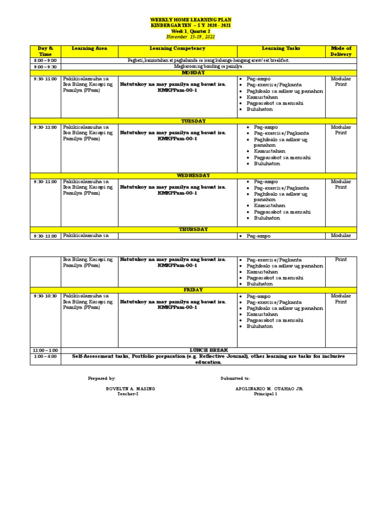 Weekly Home Learning Plan Quarter 2 Week 11 To 20 | PDF