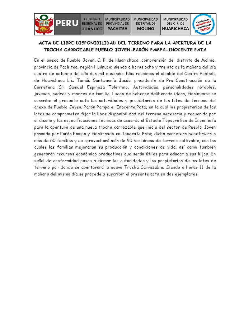 Acta de Libre Disponibilidad-Carretera | PDF | Gobierno local