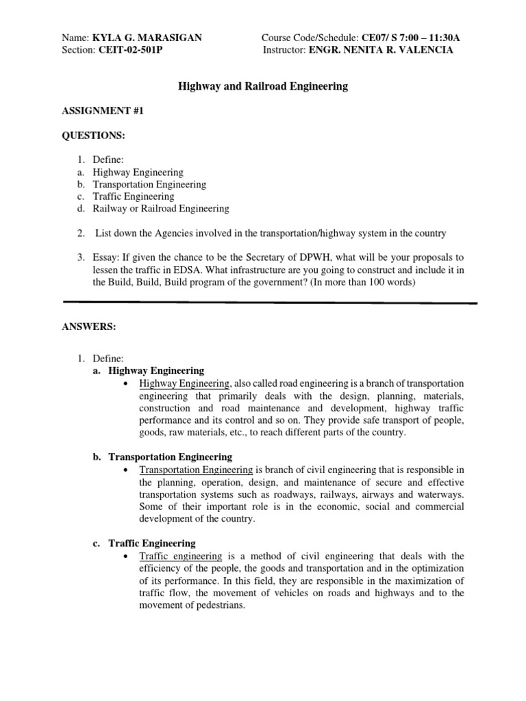 Highway and Railroad Engineering: Assignment #1 Questions | PDF | Transport | Land Transport