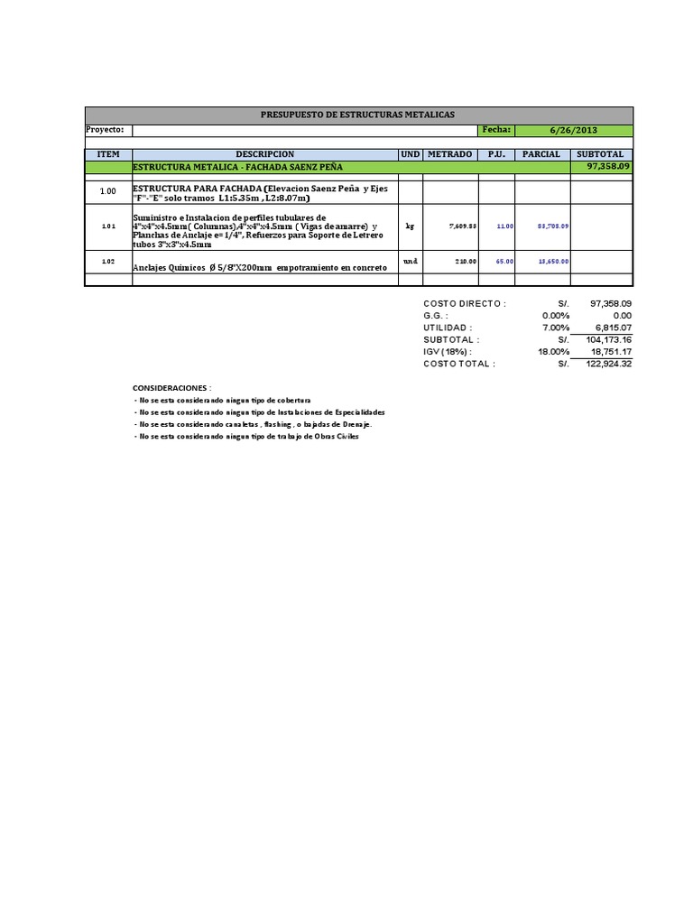 Ppto ESTRUCTURAS METALICAS FACHADA SAENZ PEÑA Rev.01 | PDF