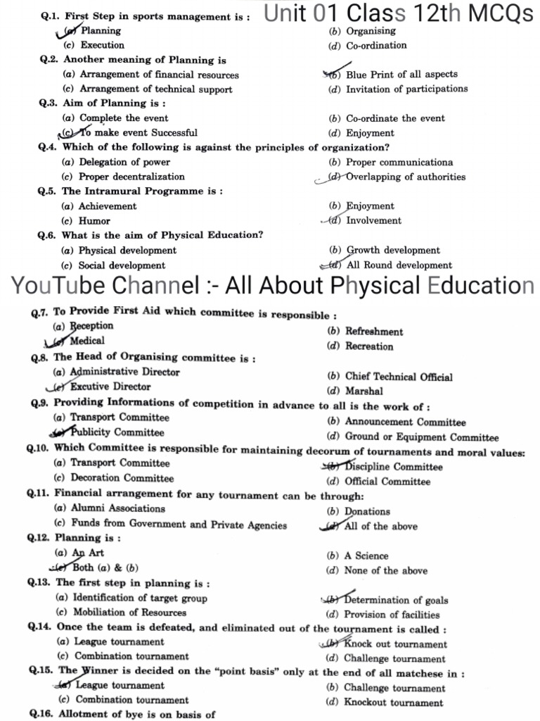 Sanjevani Unit 01 MCQs Class 12th PHE | PDF | Tournament | Sports