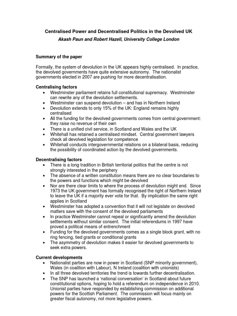 Centralised Power and Decentralised Politics in The Devolved UK | PDF ...