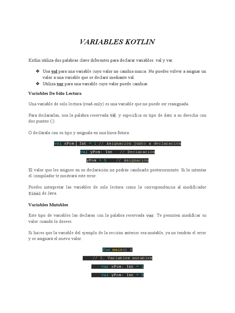 Variables en Kotlin: Guía Rápida | PDF | Variable (informática) | Java ...