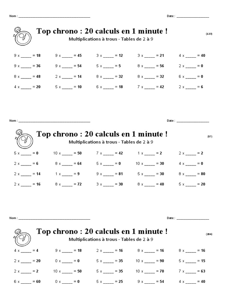 Top Chrono: 20 Calculs en 1 Minute !: Multiplications À Trous - Tables de 2 À 9 | PDF