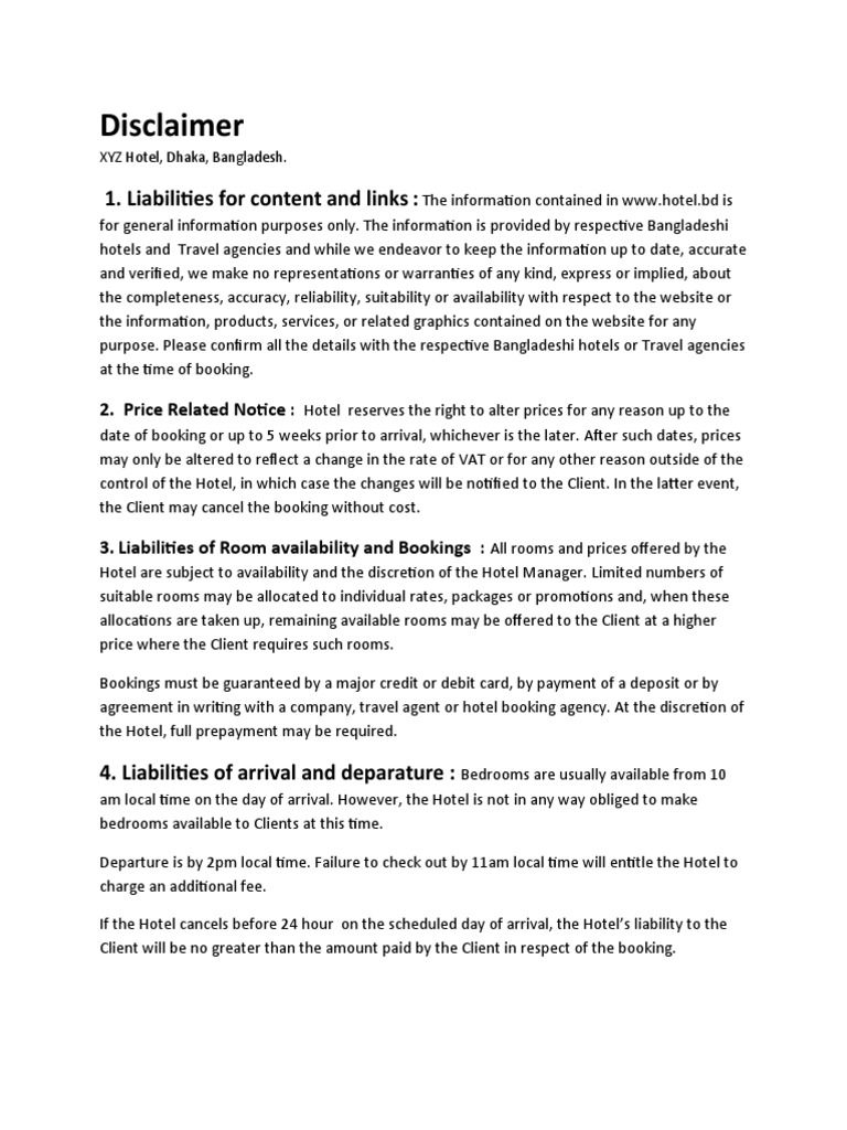 Disclaimer XYZ Hotel | PDF | Legal Liability | Payments