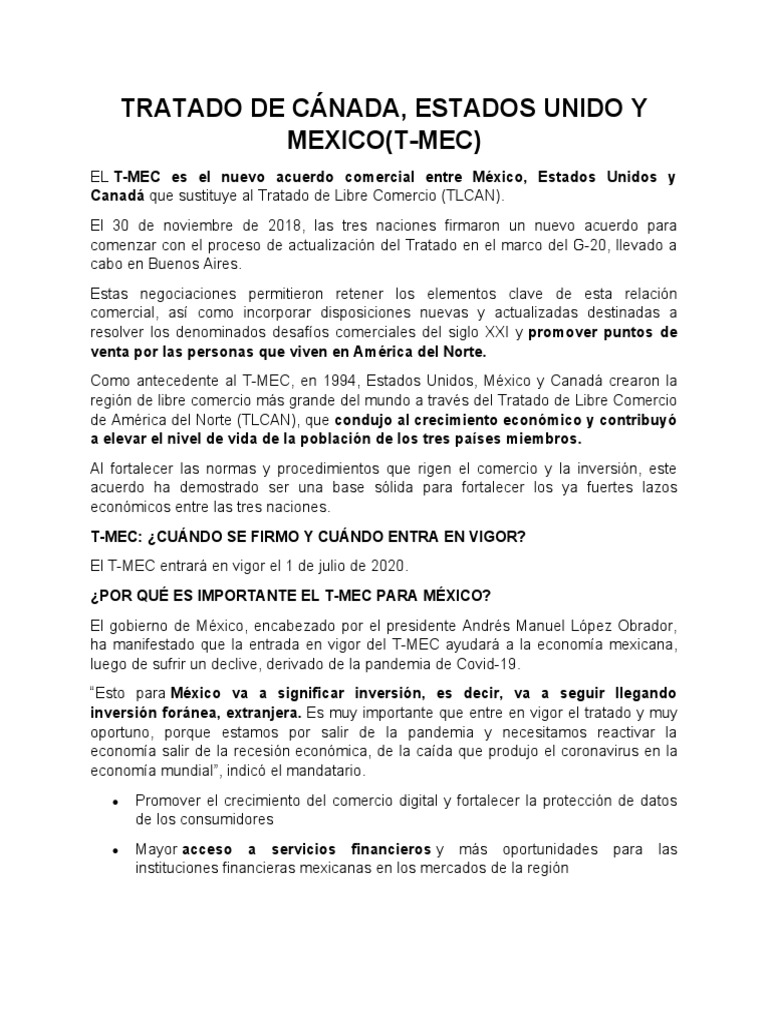 Tratado de T-Mec | Descargar gratis PDF | Tratado de Libre Comercio Norteamericano | México