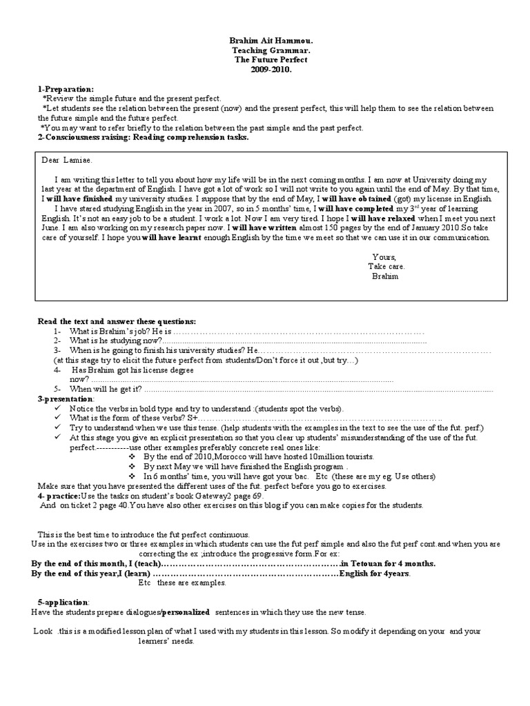The Future Perfect Lesson Plan | PDF | Linguistic Morphology ...