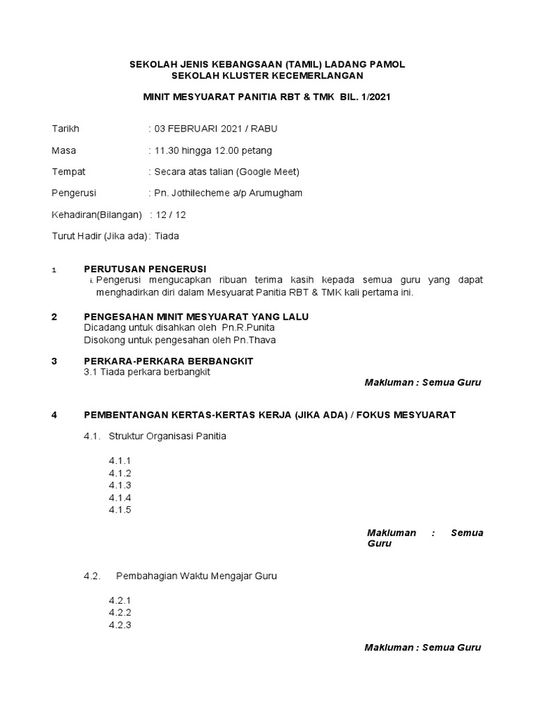 Template Minit Mesyuarat Panitia | PDF