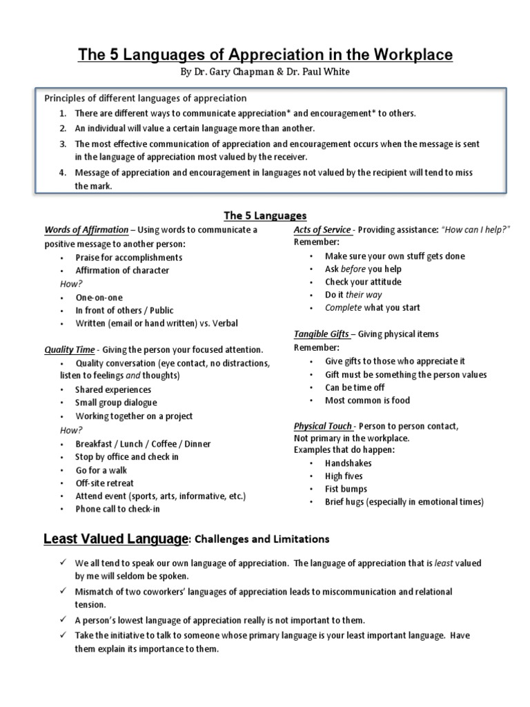 5 Languages of Appreciation in The Workplace - Summary | PDF ...