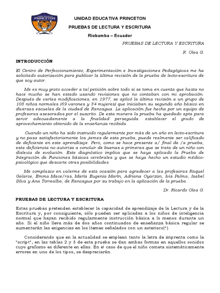 Pruebas de Lectura y Escritura Olea | PDF
