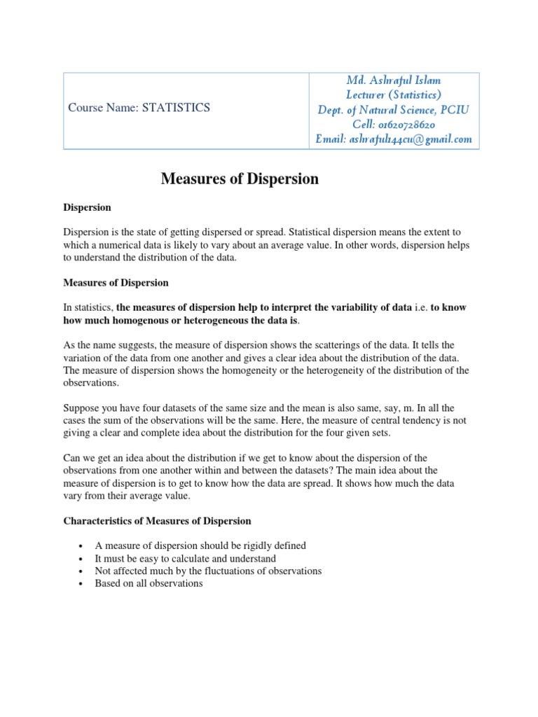 Measures of Dispersion | PDF | Standard Deviation | Statistical Dispersion