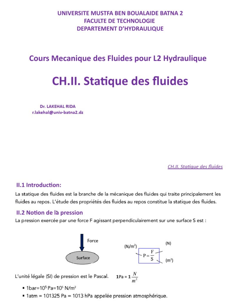 La - Statique Des Fluides | PDF | Pression | mesure de pression