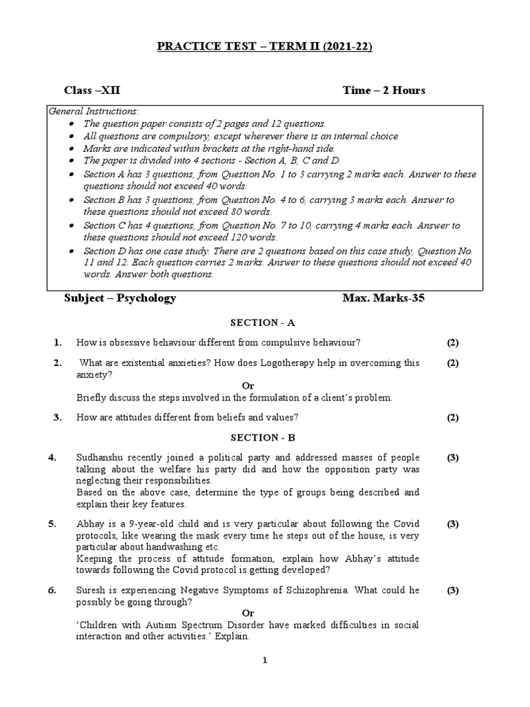 Psychology Class 12 Practice Test 2021-22 | PDF