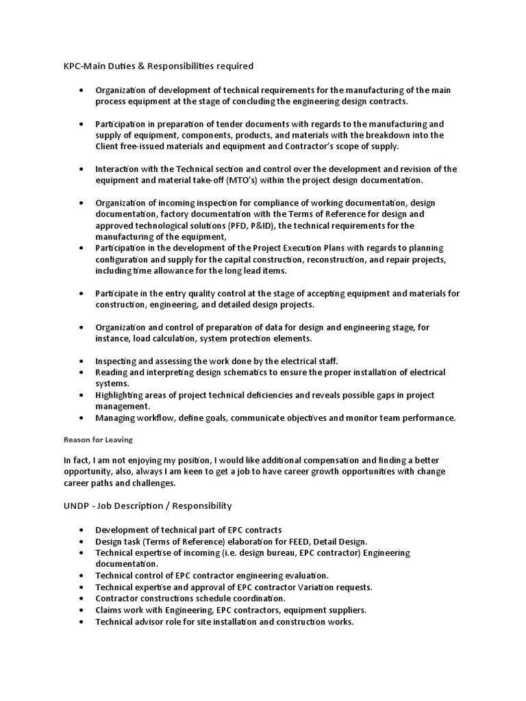 Electrical Engineer Supervisor - Main Duties & Responsibilities | PDF